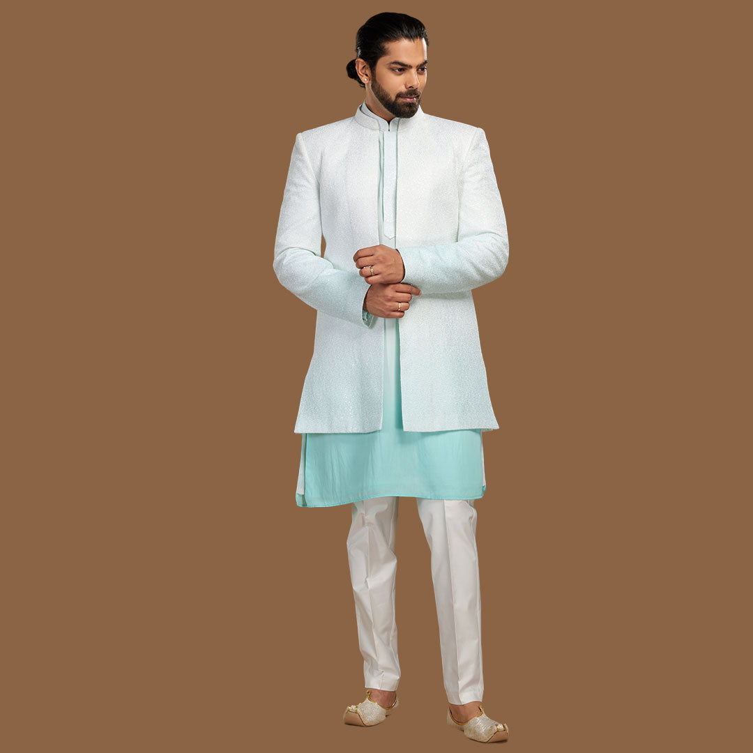 Captivating Turquoise Hue Jacket Set for Men – Suvidha Fashion