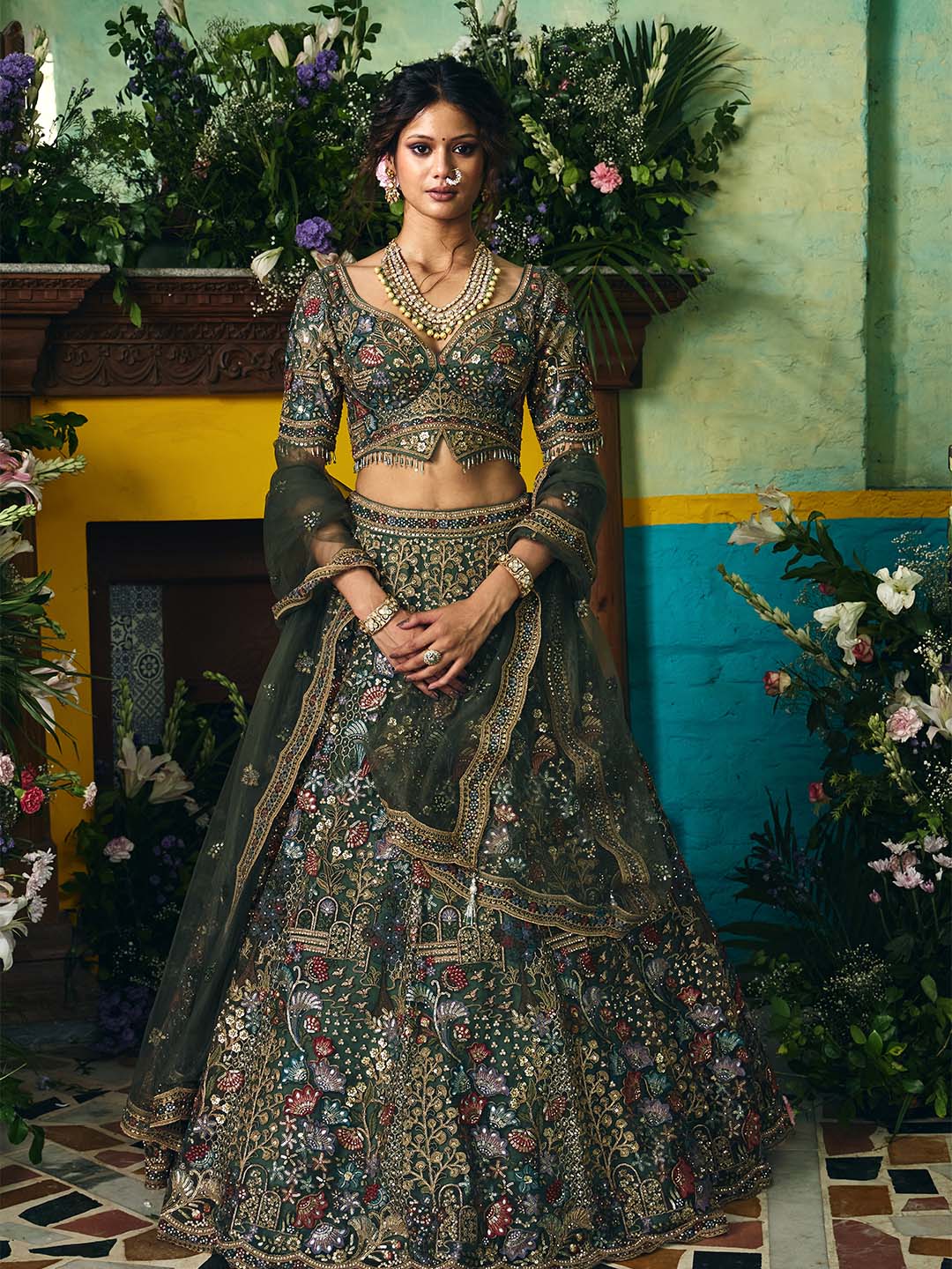 Deep Mehandi Green Threadwork Embellished Lehenga – Suvidha Fashion
