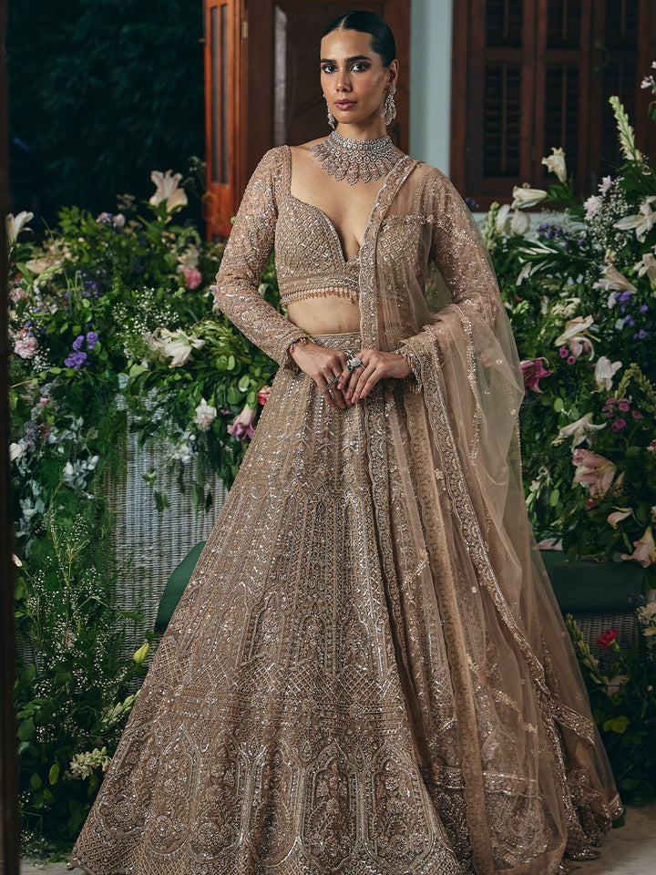 Regal Bronze Sequined Full-Sleeve Wedding Lehenga – Suvidha Fashion