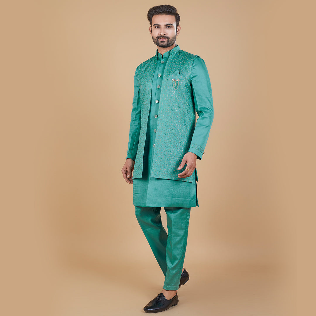 Parrot Green Indo-Western Ensemble with Long Jacket – Suvidha Fashion