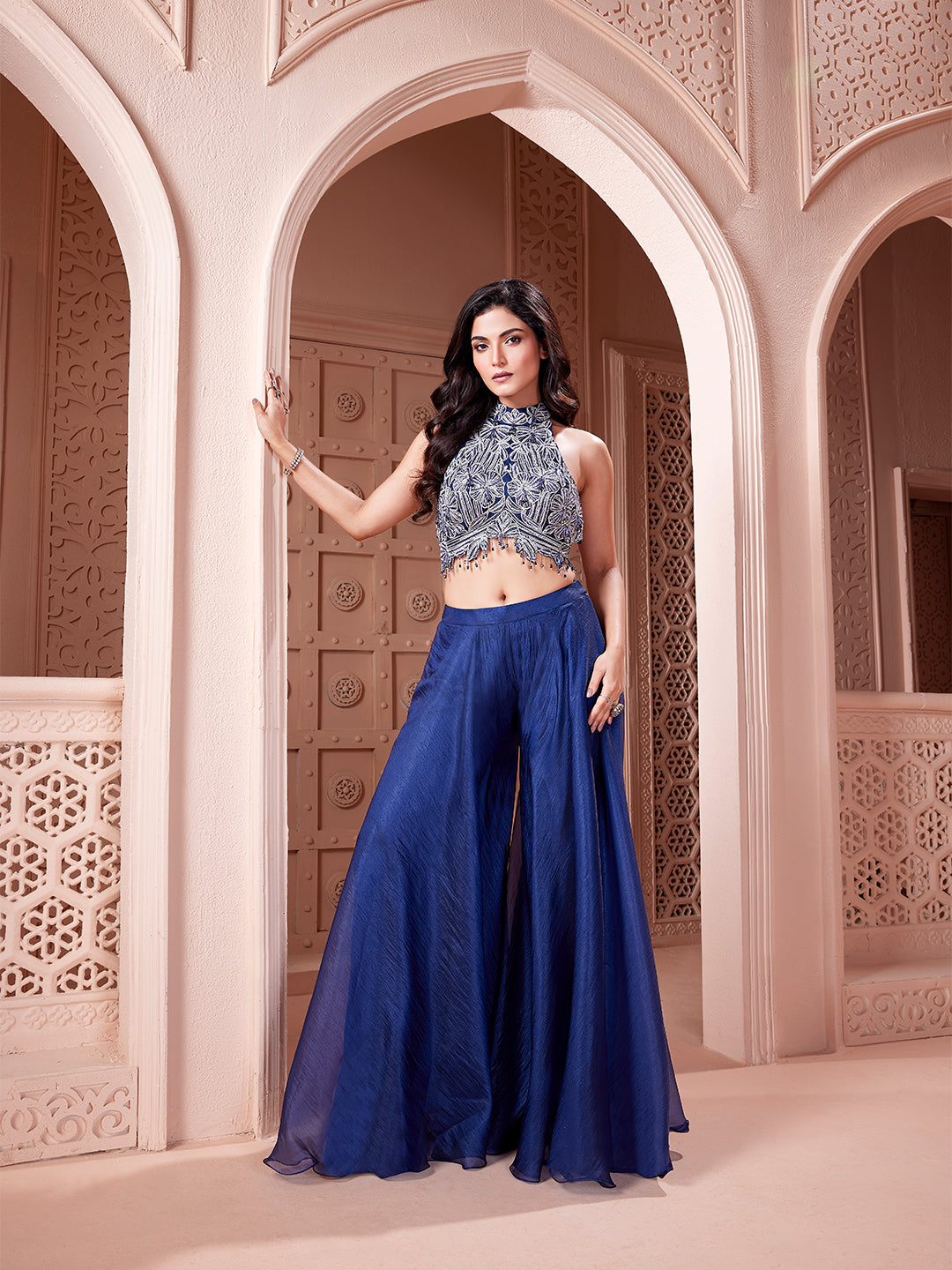 Blue Palazzo Set with Embellished Top – Suvidha Fashion