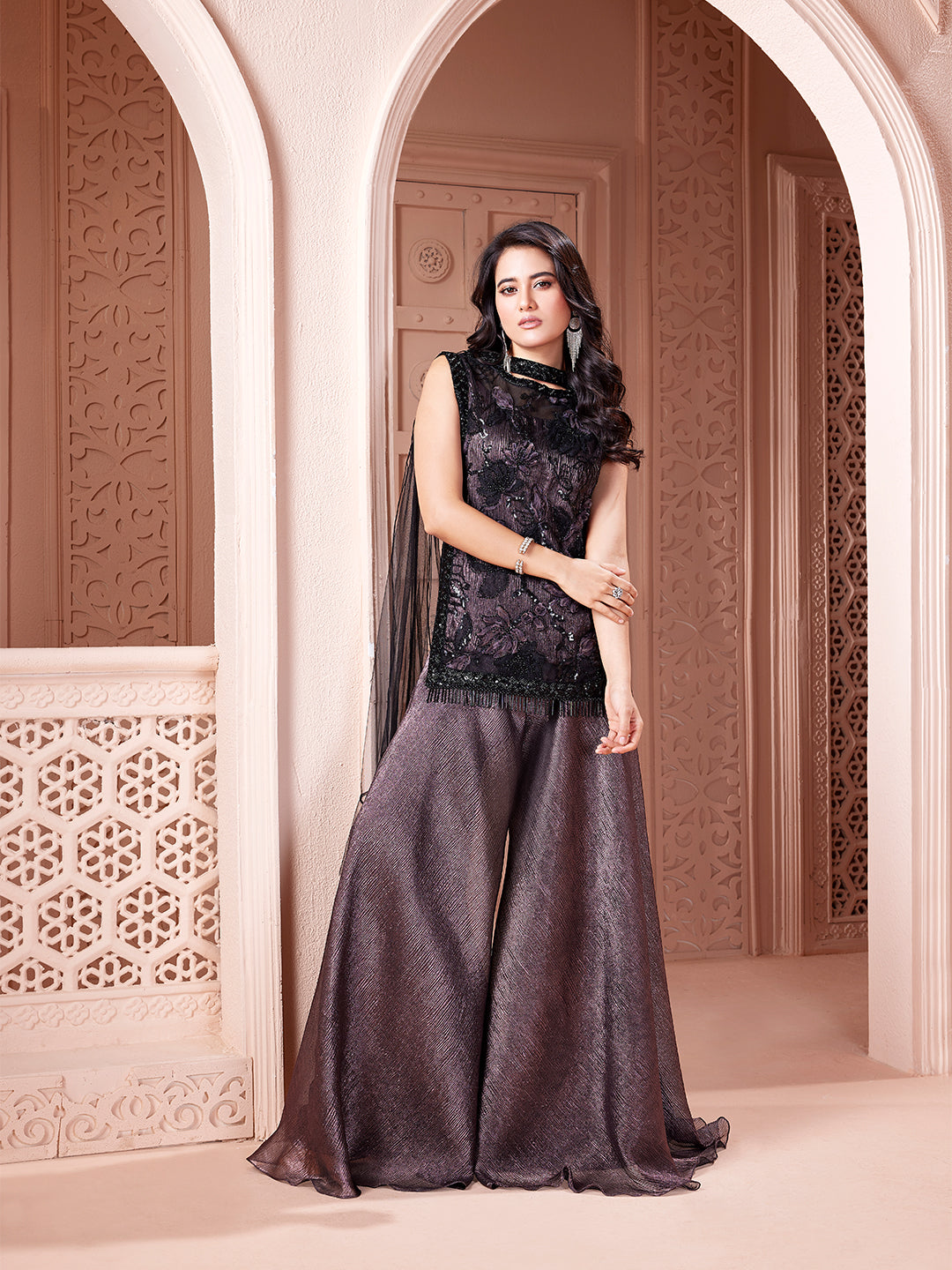 Black & Dark Brown Embroidered Palazzo Set – Suvidha Fashion