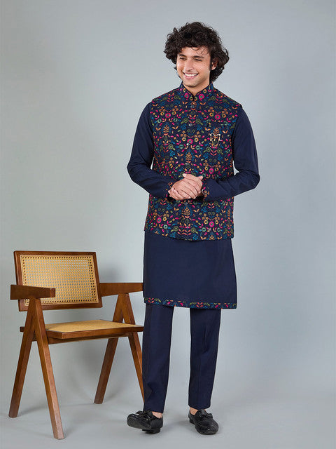Navy Blue Festive Kurta Bandi Set in Silk Blend – Suvidha Fashion