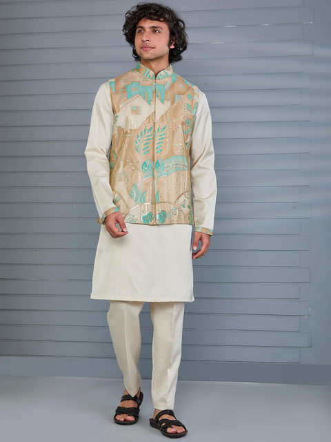 Cream & Aqua Embroidered Kurta Bandi Set for Festive Elegance – Suvidha ...