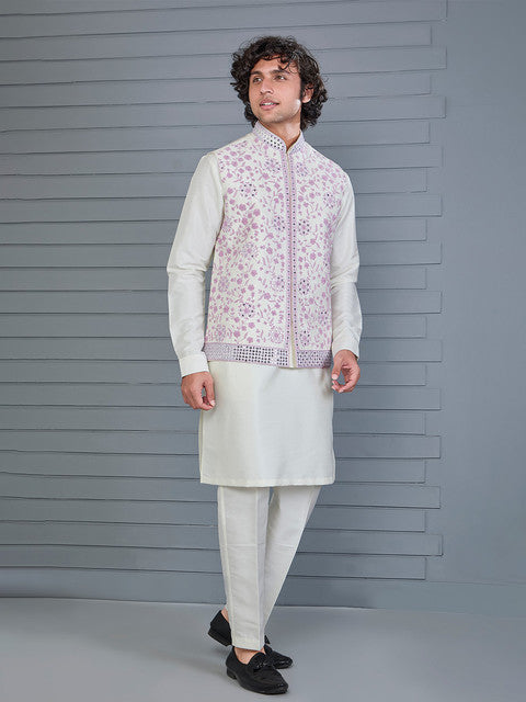 Ivory Kurta Bandi Set with Lavender Embroidered Detailing – Festive El ...