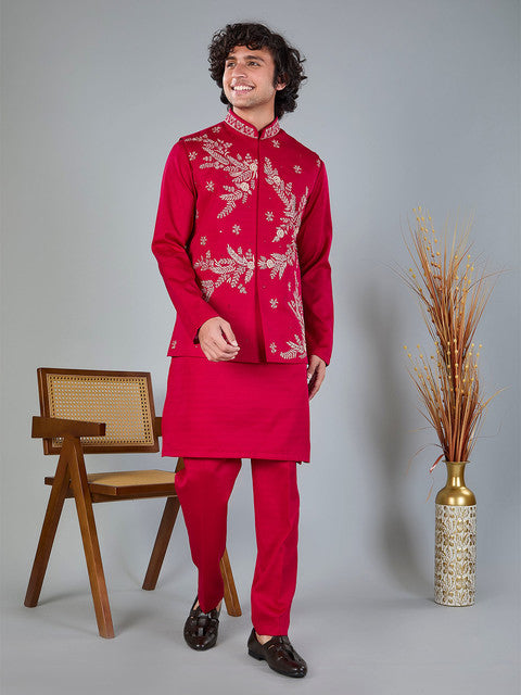 Crimson Red Silk Blend Kurta Bandi Set for Festive Elegance – Suvidha ...