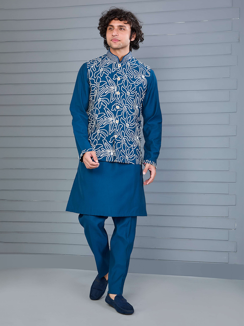 Teal Blue Festive Kurta Bandi Set in Cotton Blend – Suvidha Fashion