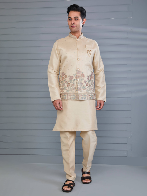 Elegant Beige Kurta Bandi Set for Festive & Wedding Wear – Suvidha Fashion