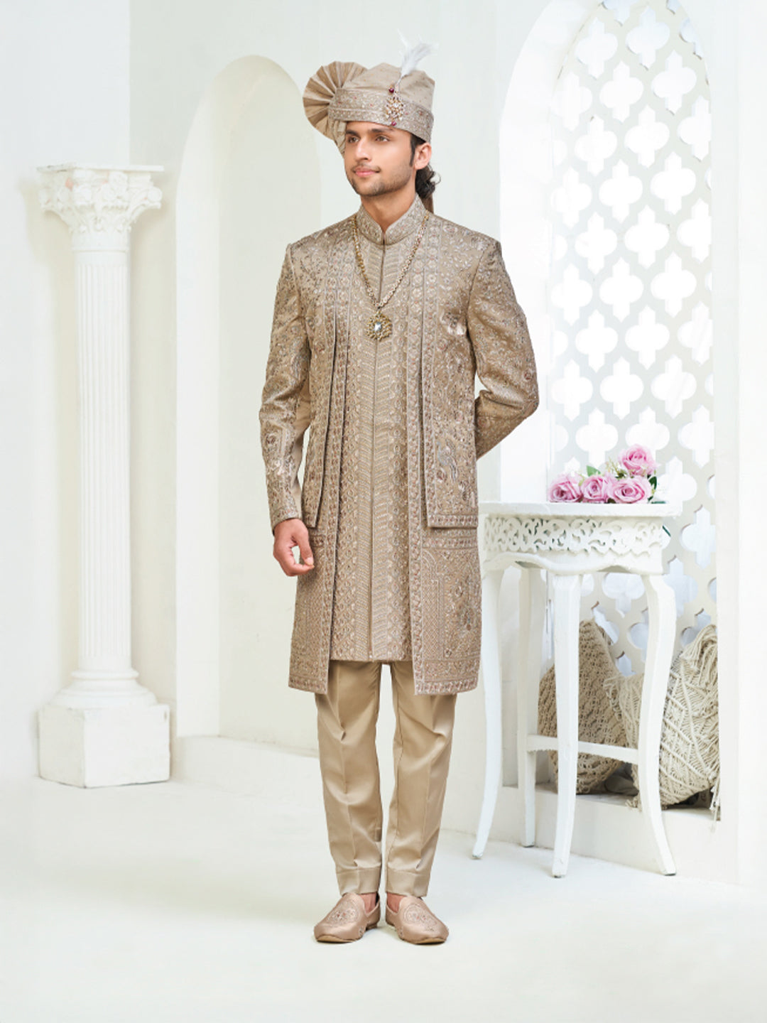 Designer Beige and Brown Embroidered Sherwani Ensemble for Men ...