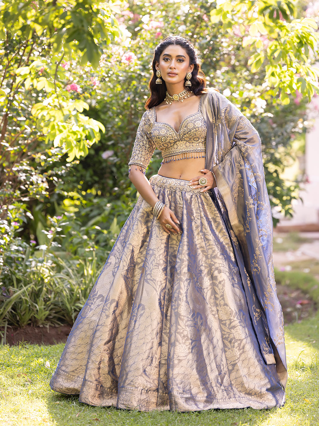 Serene Silver Grey Subtle Gold Embellished Lehenga – Suvidha Fashion