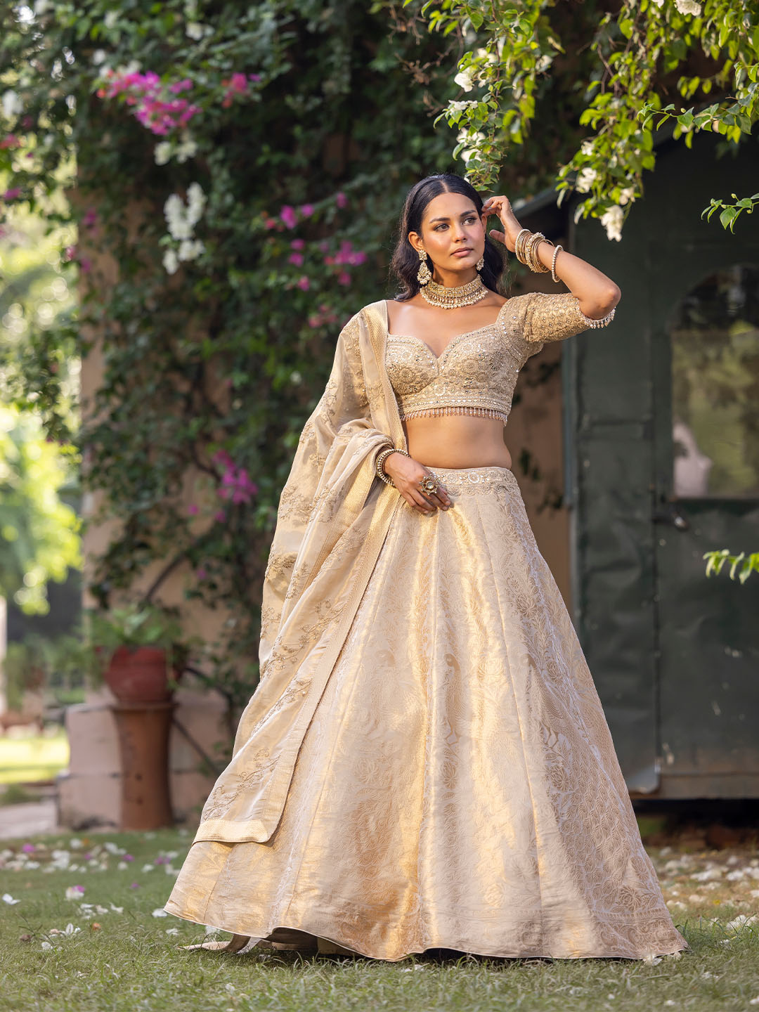 Subtle Gold and Cream Two-Tone Paneled Lehenga – Suvidha Fashion