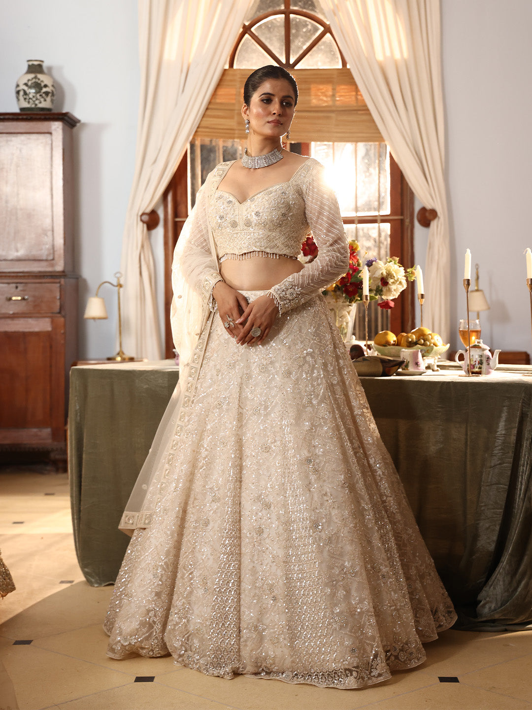 Subtle Cream Embellished Flowing Lehenga – Suvidha Fashion