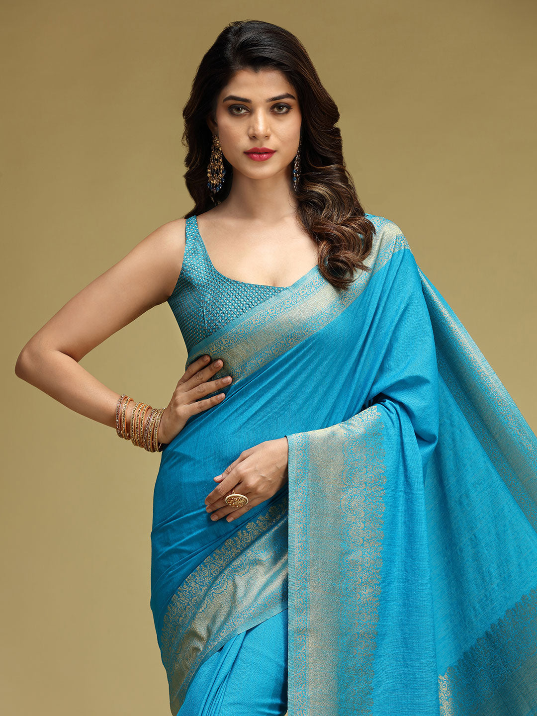 Cyan Blue Linen Silk Saree With Golden Zari Border – Suvidha Fashion
