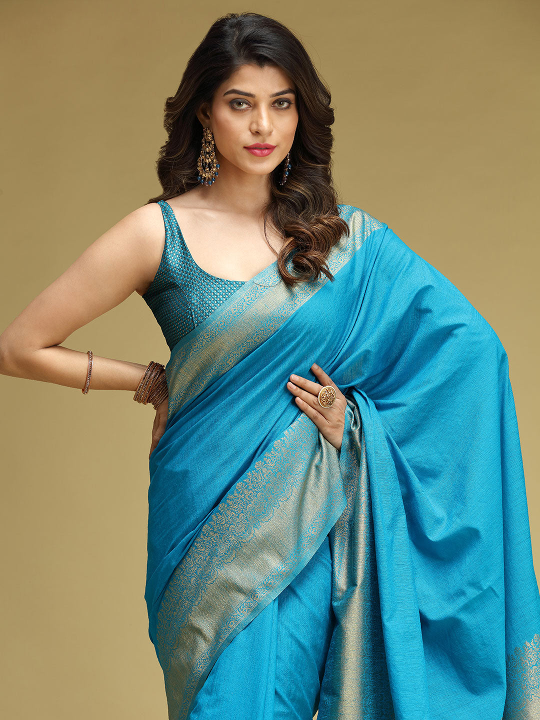 Cyan Blue Linen Silk Saree With Golden Zari Border – Suvidha Fashion